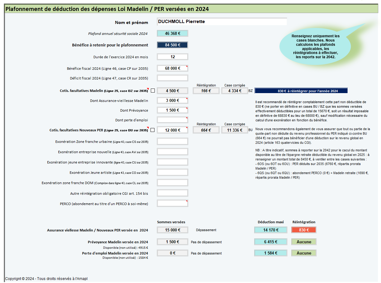 Calculer le plafonnement des charges sociales facultatives (Madelin PER) pour renseigner la 2035 ...